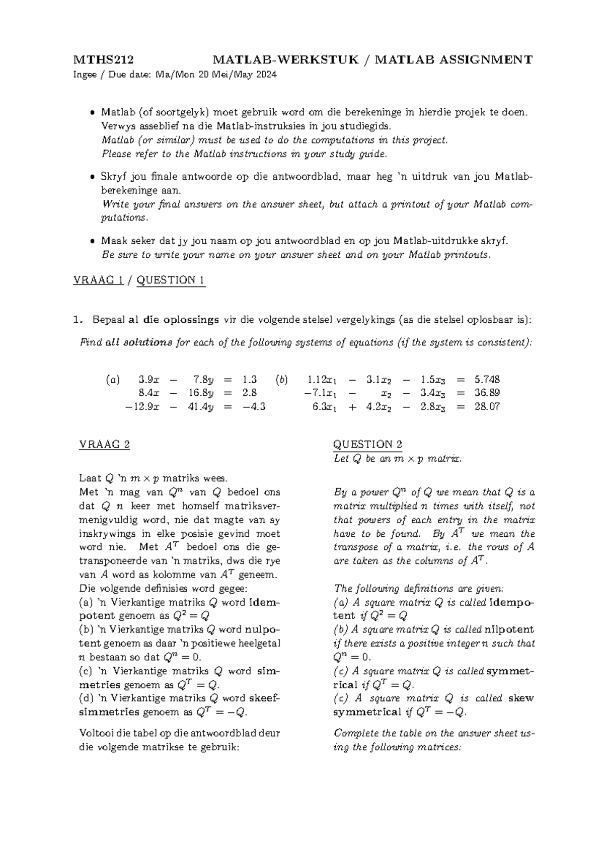 Matlab opdrag 2024 - MTHS212 MATLAB-WERKSTUK / MATLAB ASSIGNMENT Ingee / Due date: Ma/Mon 20 Mei ...