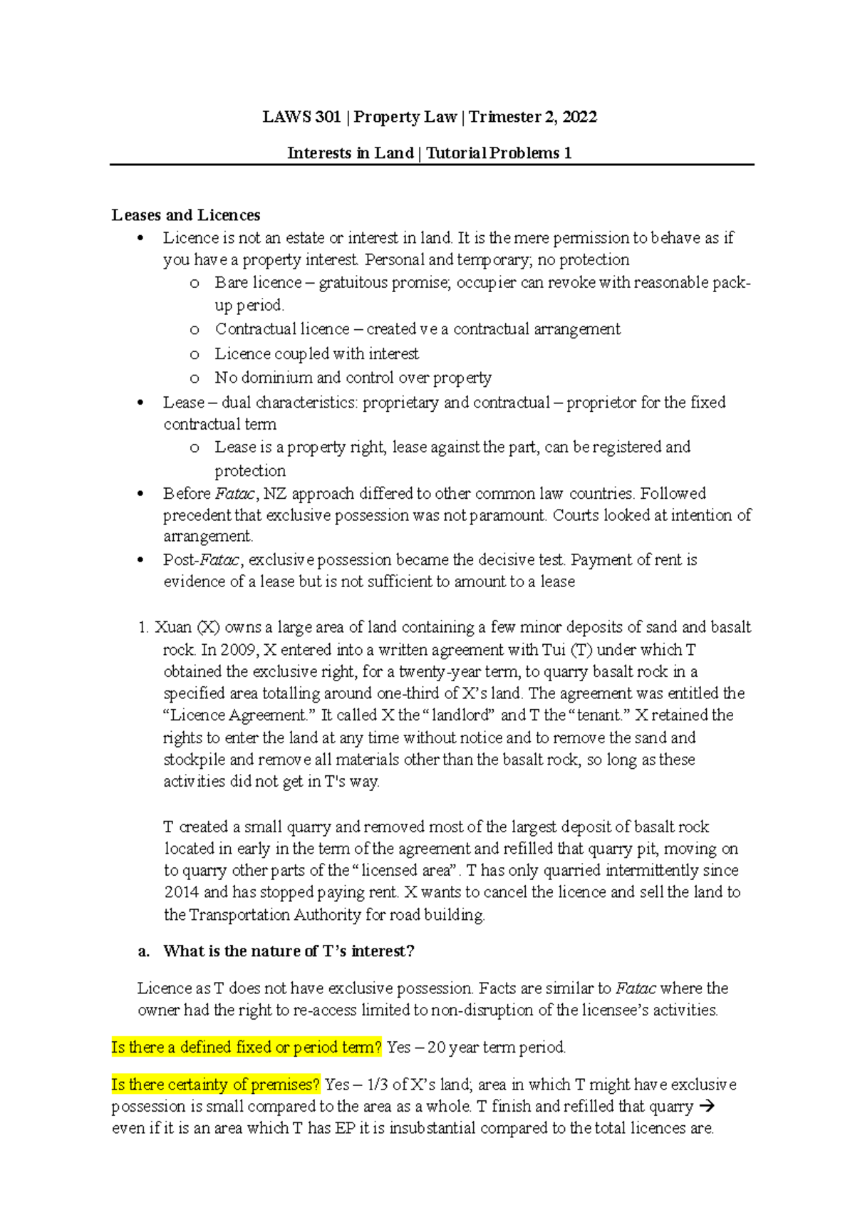 Interests in Land - Tutorial 1 - LAWS 301 | Property Law | Trimester 2 ...