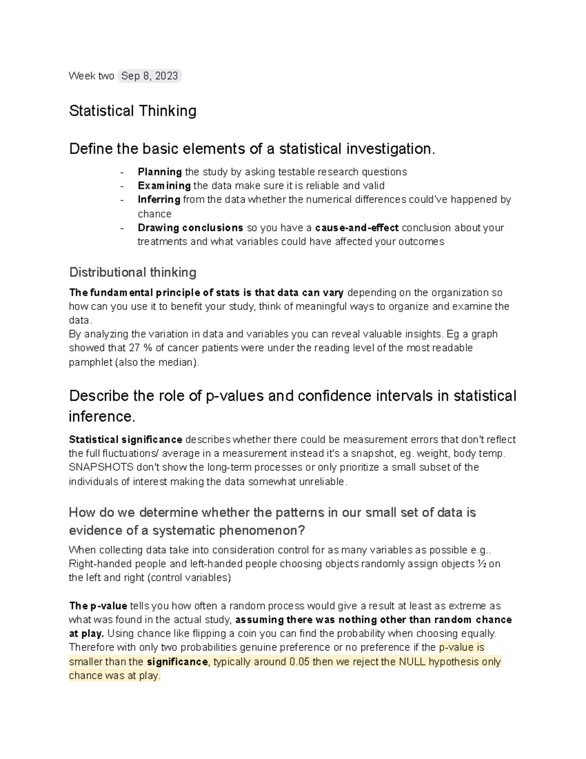Psychc Week two - lecture 2 stat thinking - Week two Sep 8, 2023 ...