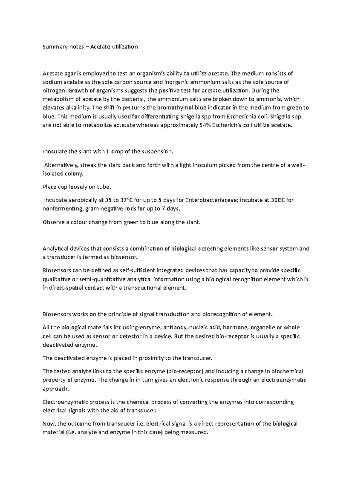 Summary notes – Acetate utilization - Summary notes – Acetate ...