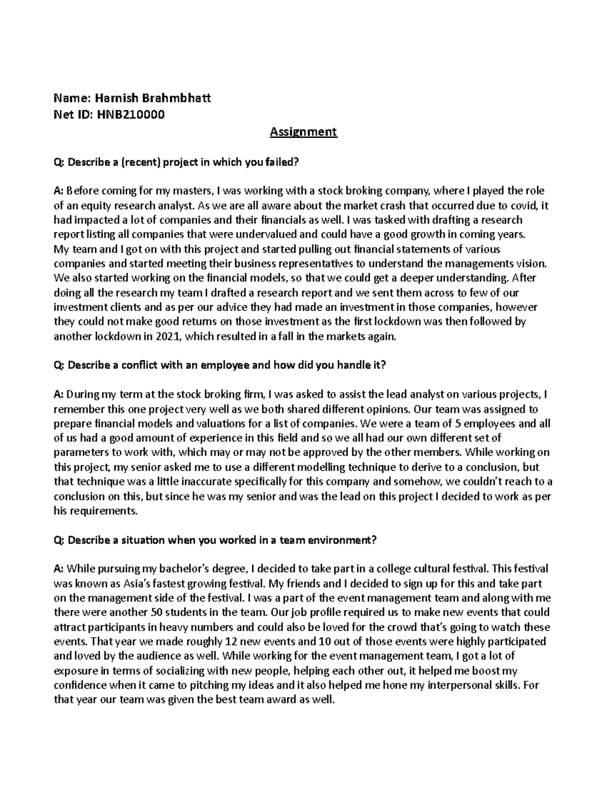 Professional Development Assignment - Name: Harnish Brahmbhat Net ID ...