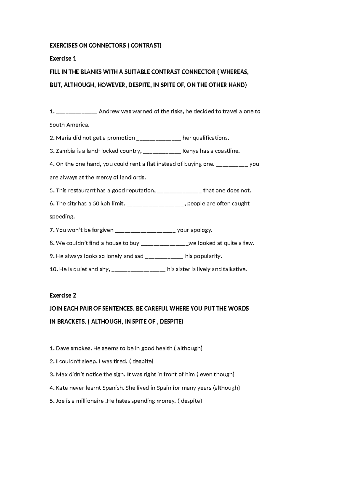 Exercises ON Connectors-Contrast - EXERCISES ON CONNECTORS ( CONTRAST ...