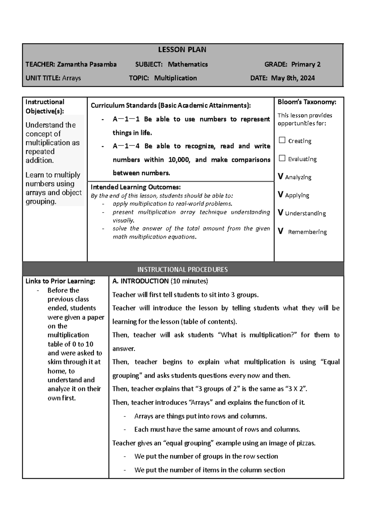 Lesson Plan Inclusive Education - LESSON PLAN TEACHER: Zamantha Pasamba ...