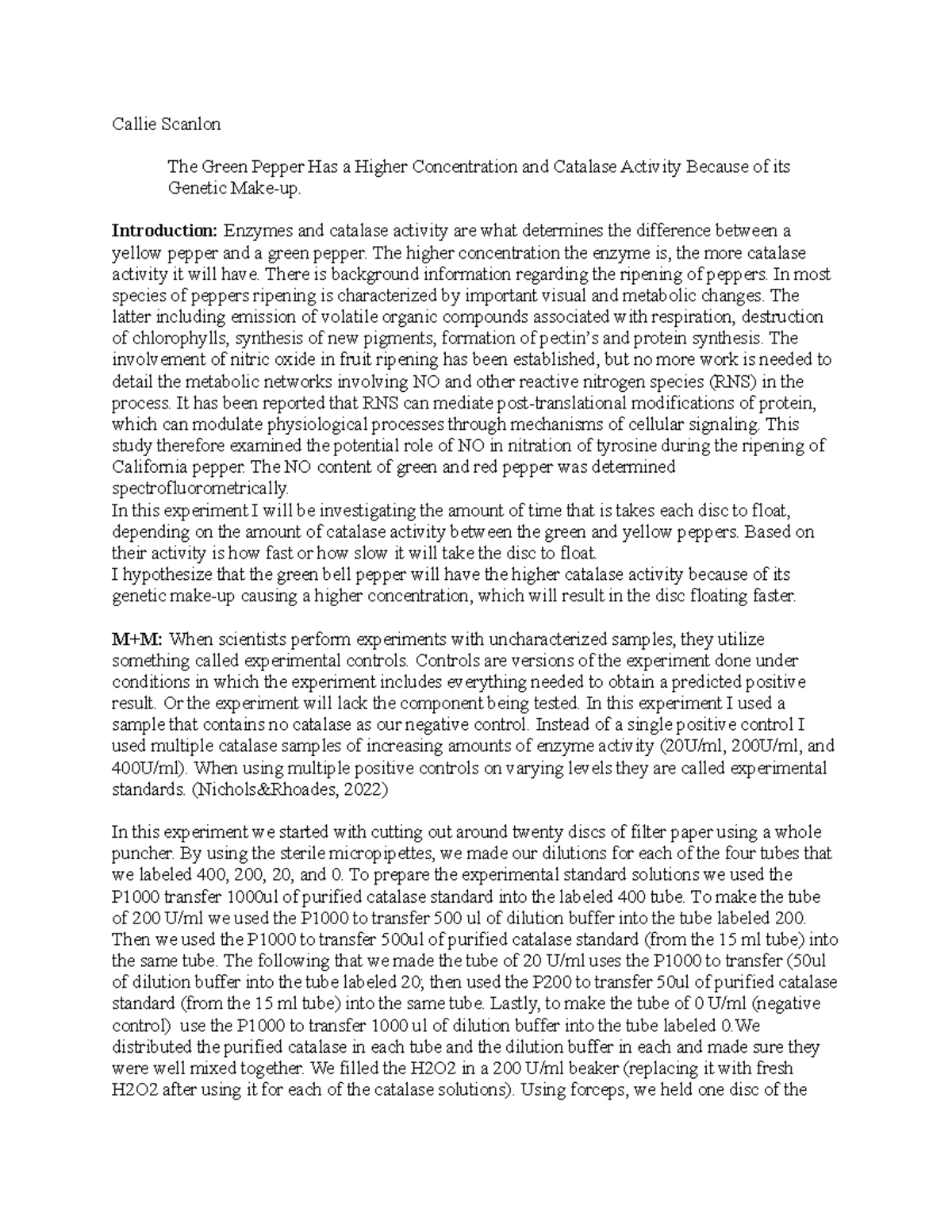 Lab1 - BSC 197 Lab Report Instructor: Wade Nichols - Callie Scanlon The ...