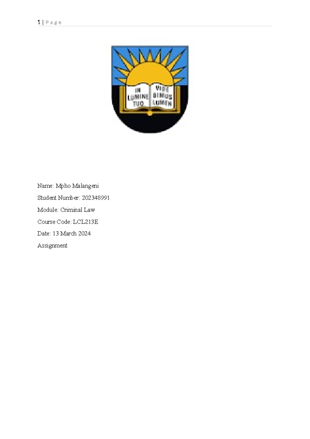 MPHO Malangeni 202348991 Criminal LAW Assignment - Name: Mpho Malangeni ...