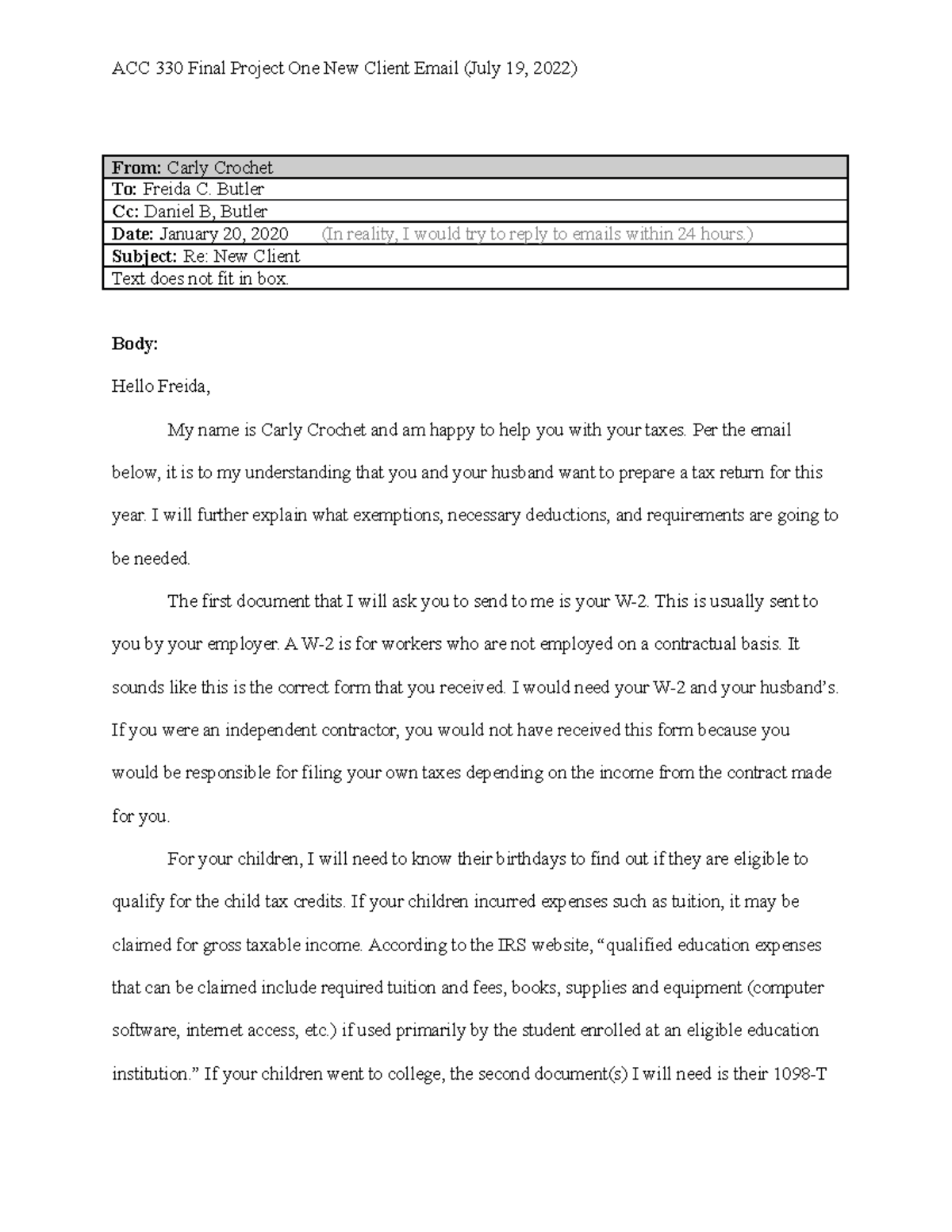 ACC 330 Final Project One - Butler Cc: Daniel B, Butler Date: January ...