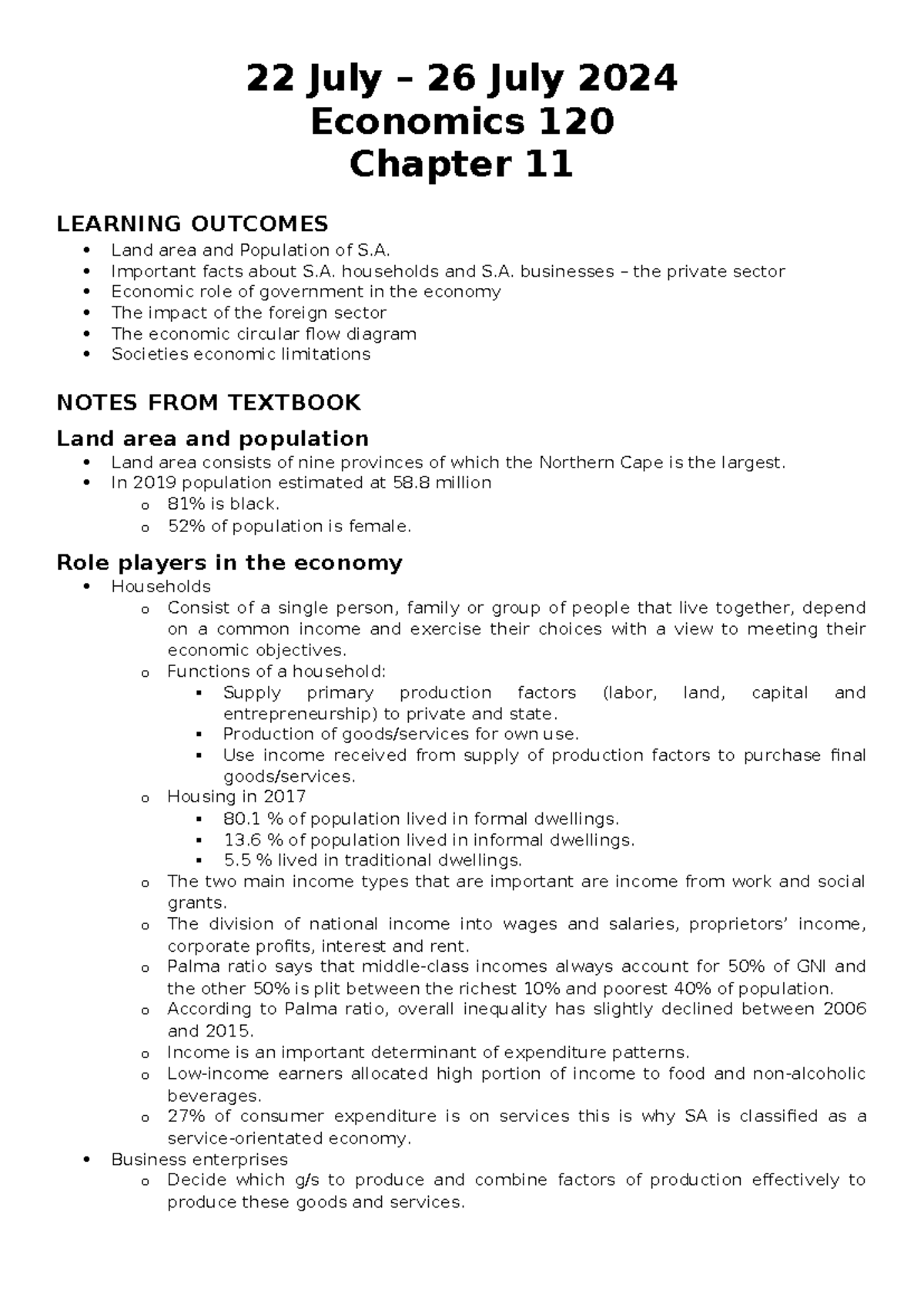Chapter 11 - Summary Economics - 22 July – 26 July 2024 Economics 120 ...