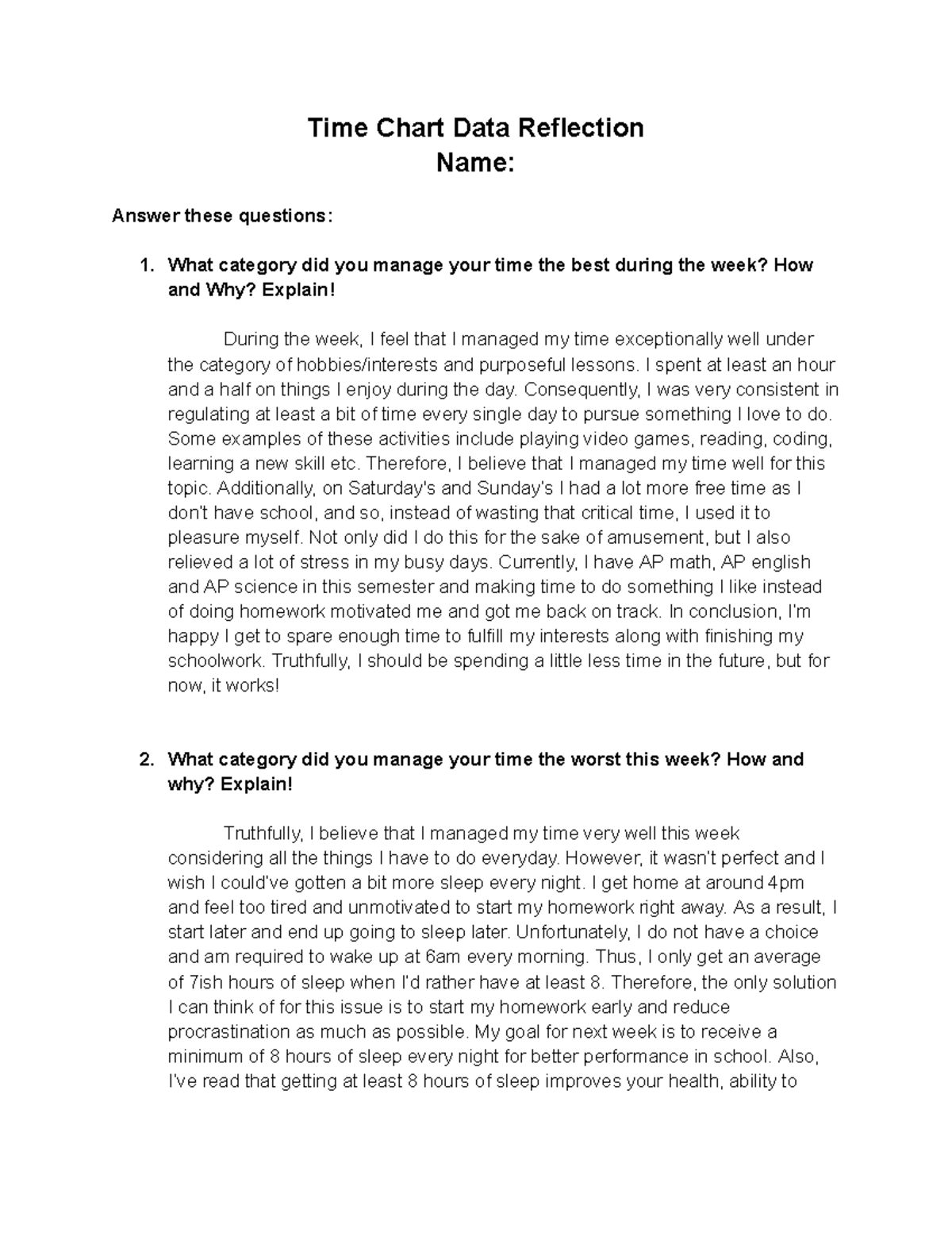 Time Chart Data Reflection - Time Chart Data Reflection Name: Answer ...