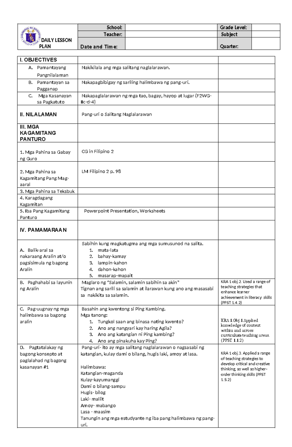 Classroom Observation Tool - DAILY LESSON PLAN School: Grade Level ...