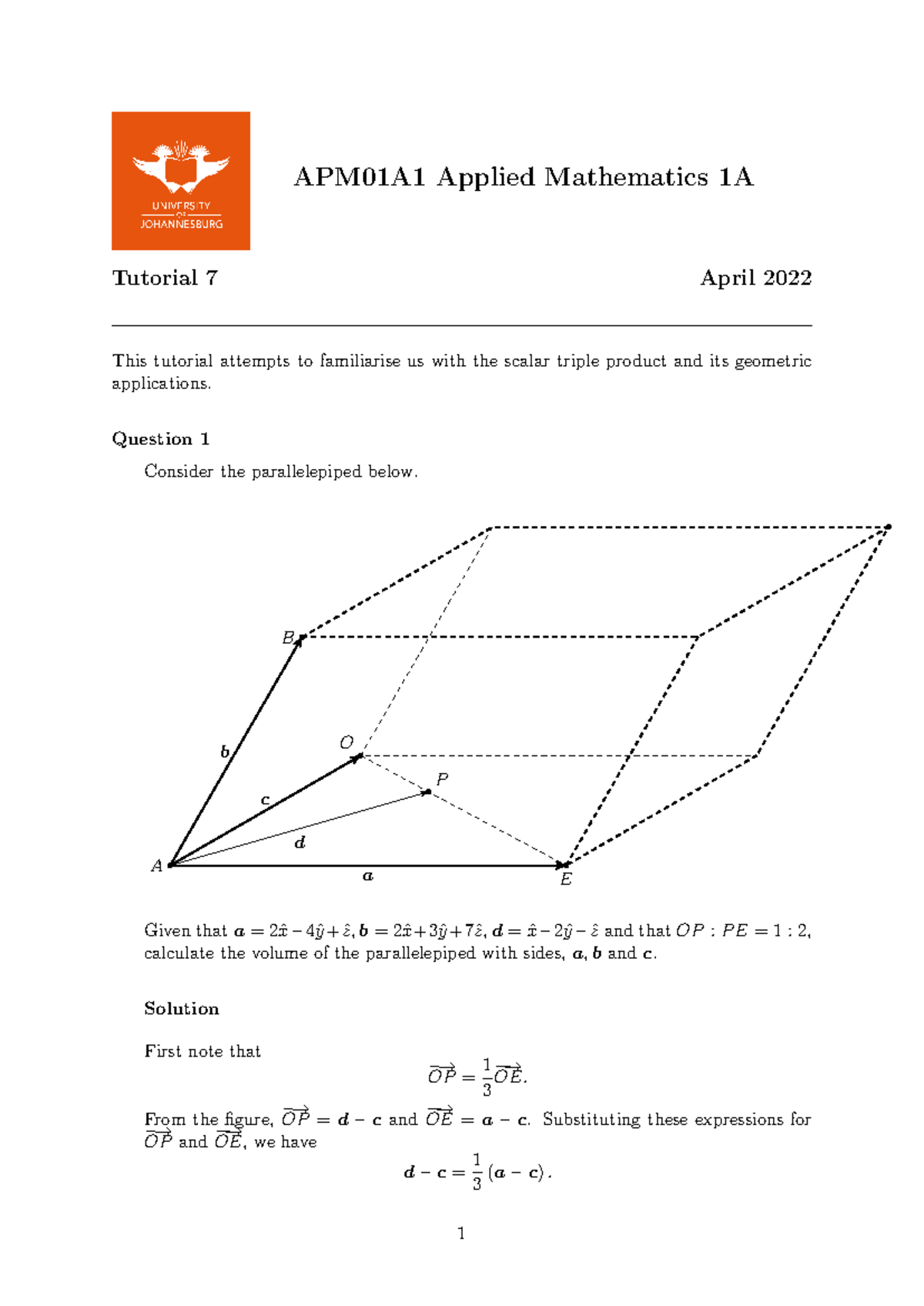 2022apm01a1 tut7 sol - APM01A1 Applied Mathematics 1A Tutorial 7 April ...