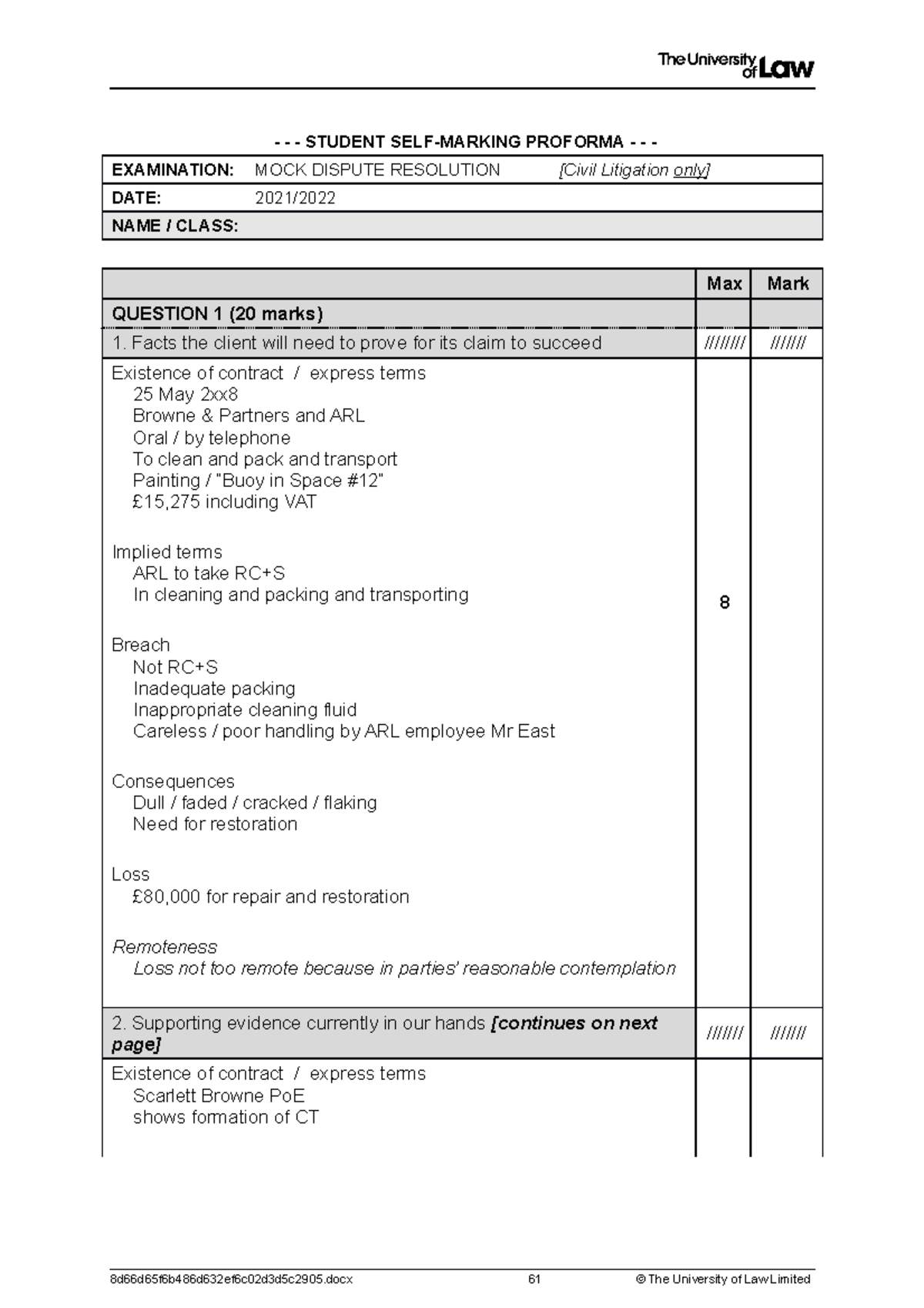 DR Mock Mark Scheme - STUDENT SELF-MARKING PROFORMA - EXAMINATION: MOCK ...