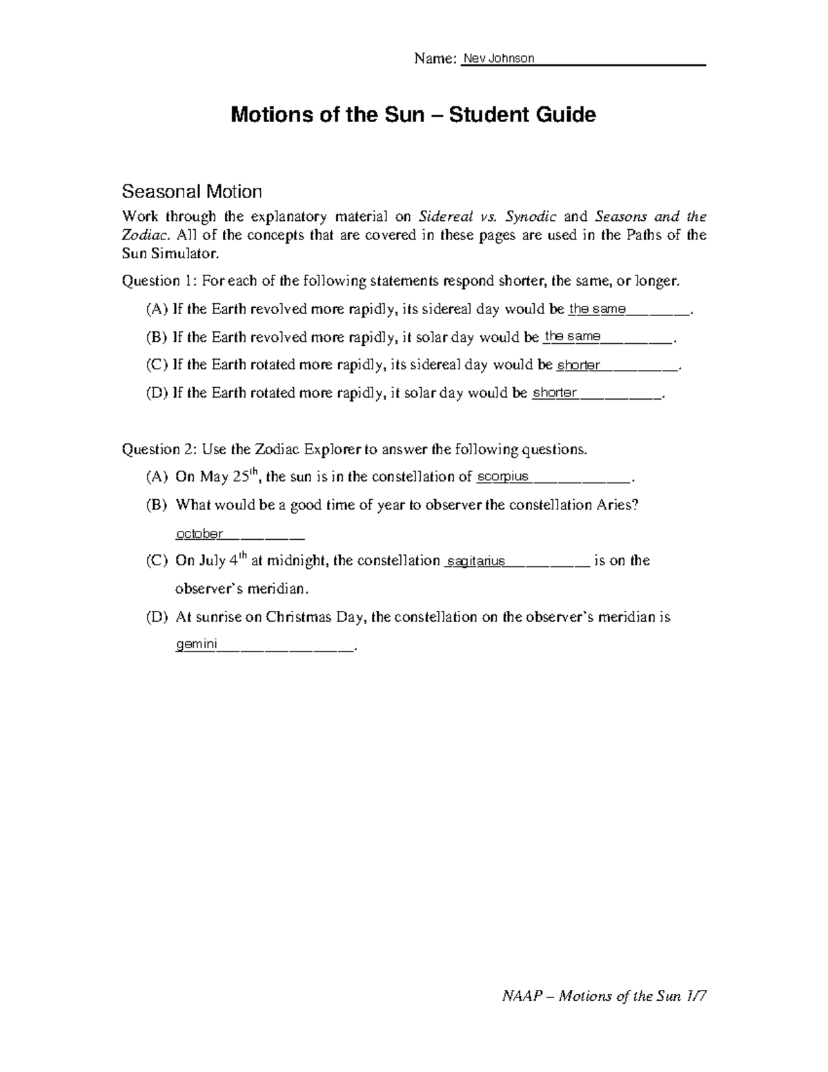 Motions of the Sun - Astronomy lab - Name: Motions of the Sun – Student ...