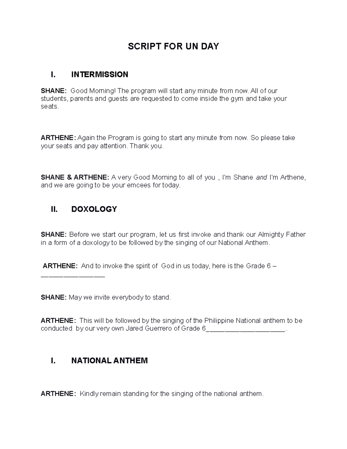 437656539 UN Emcee Script DOC - SCRIPT FOR UN DAY I. INTERMISSION SHANE ...