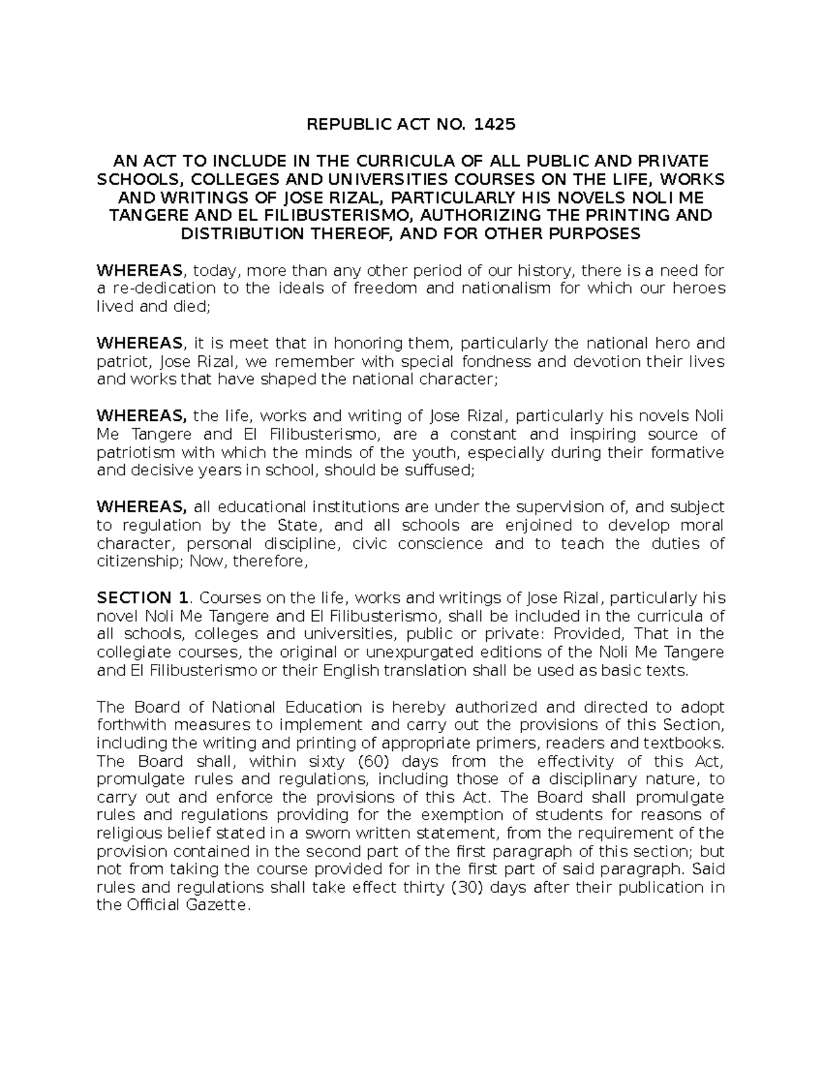 Republic ACT NO. 1425 - REPUBLIC ACT NO. 1425 AN ACT TO INCLUDE IN THE ...