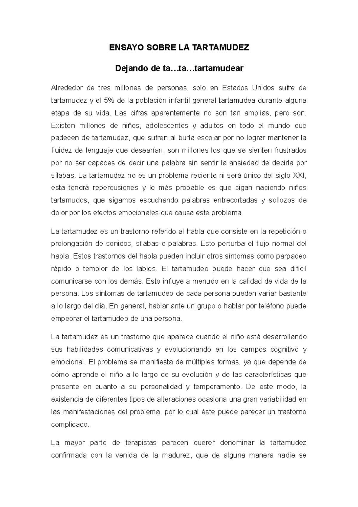 Ensayo Sobre LA Tartamudez - ENSAYO SOBRE LA TARTAMUDEZ Dejando de ...