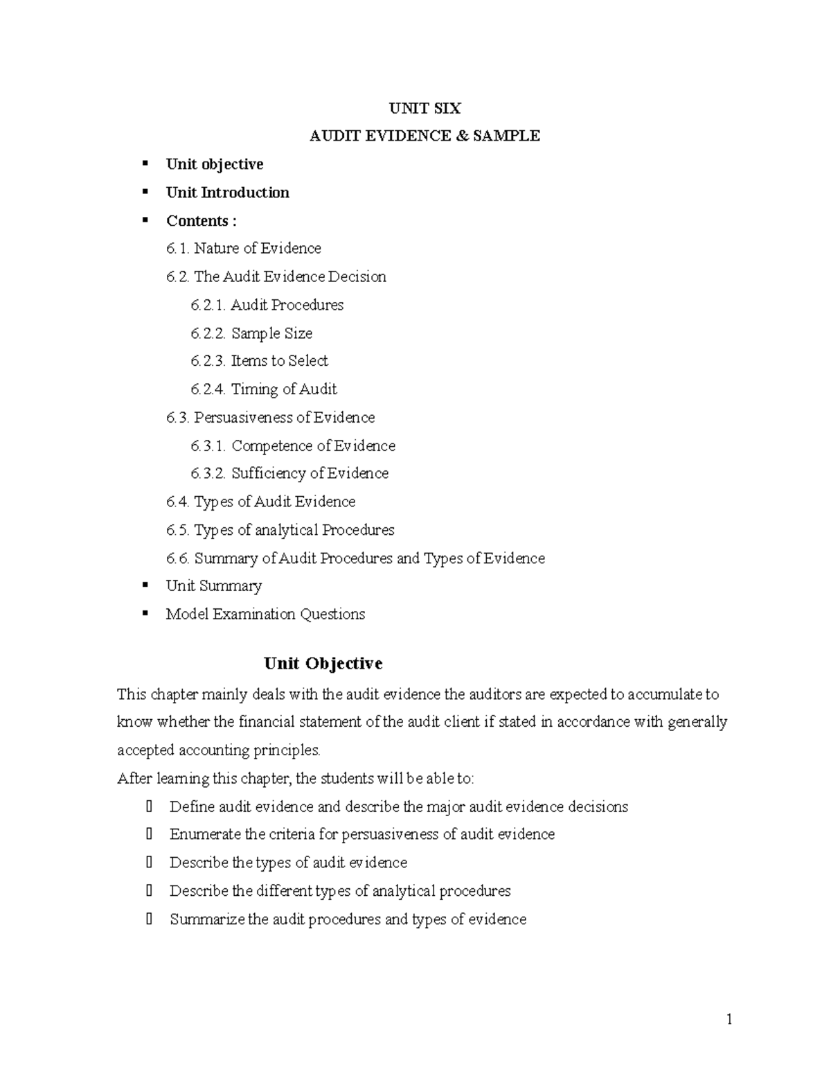 Aud ii Unit 1Royal - Lecture notes 1-87 - UNIT SIX AUDIT EVIDENCE ...