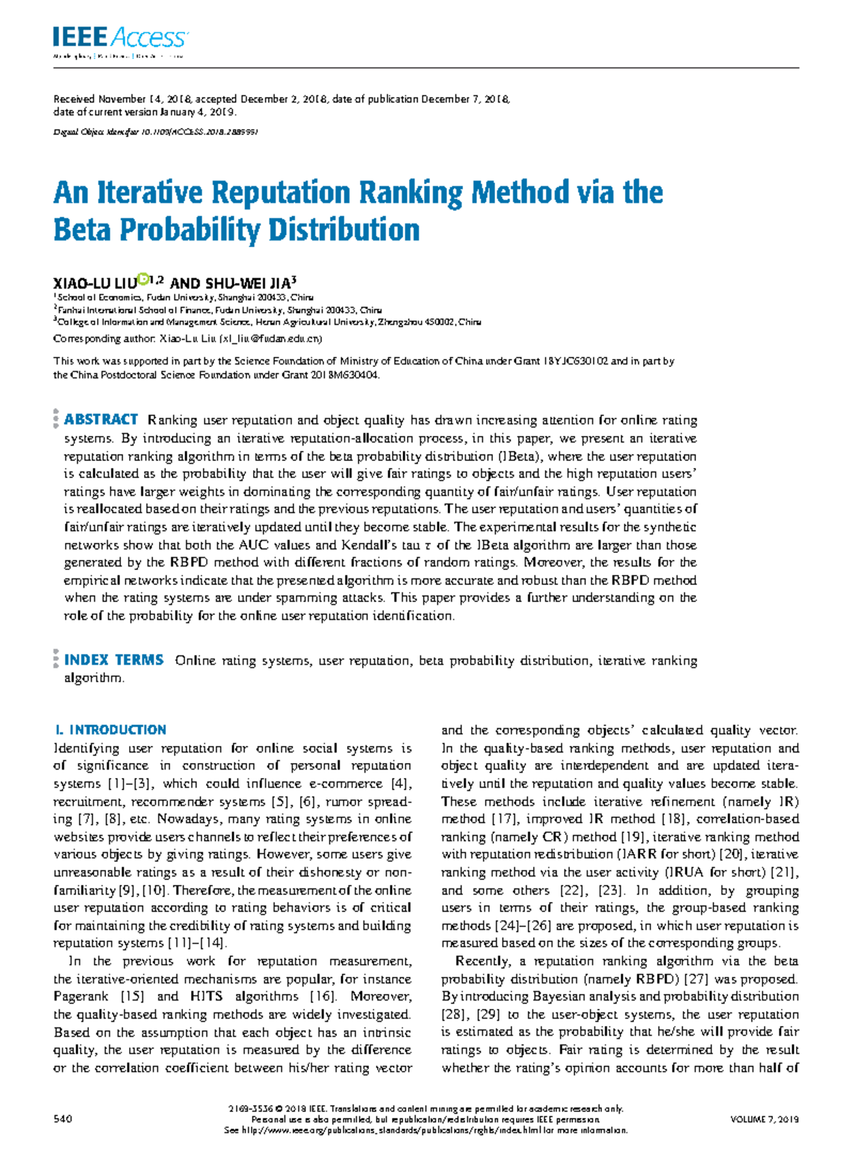 Iterative Reputation Ranking Method - Received November 14, 2018, accepted December 2, 2018 ...