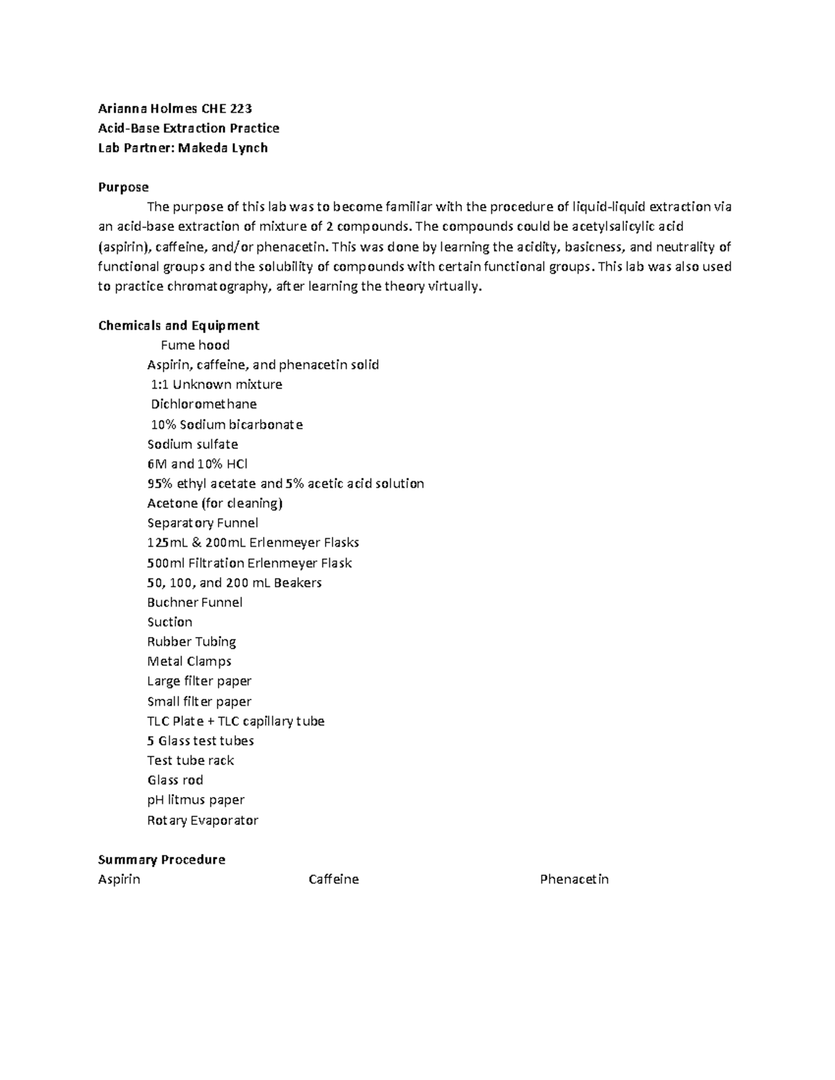 Acid Base Lab report - Fall 2022 - Arianna Holmes CHE 223 Acid-Base ...
