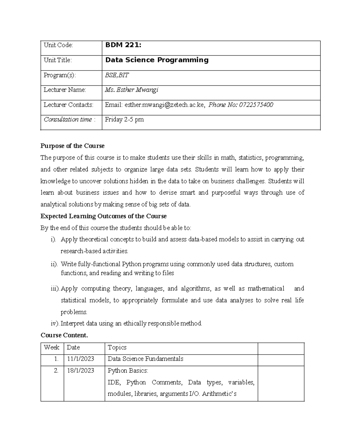 BCT 321 Course Outline - i love IT - Unit Code: BDM 221: Unit Title ...