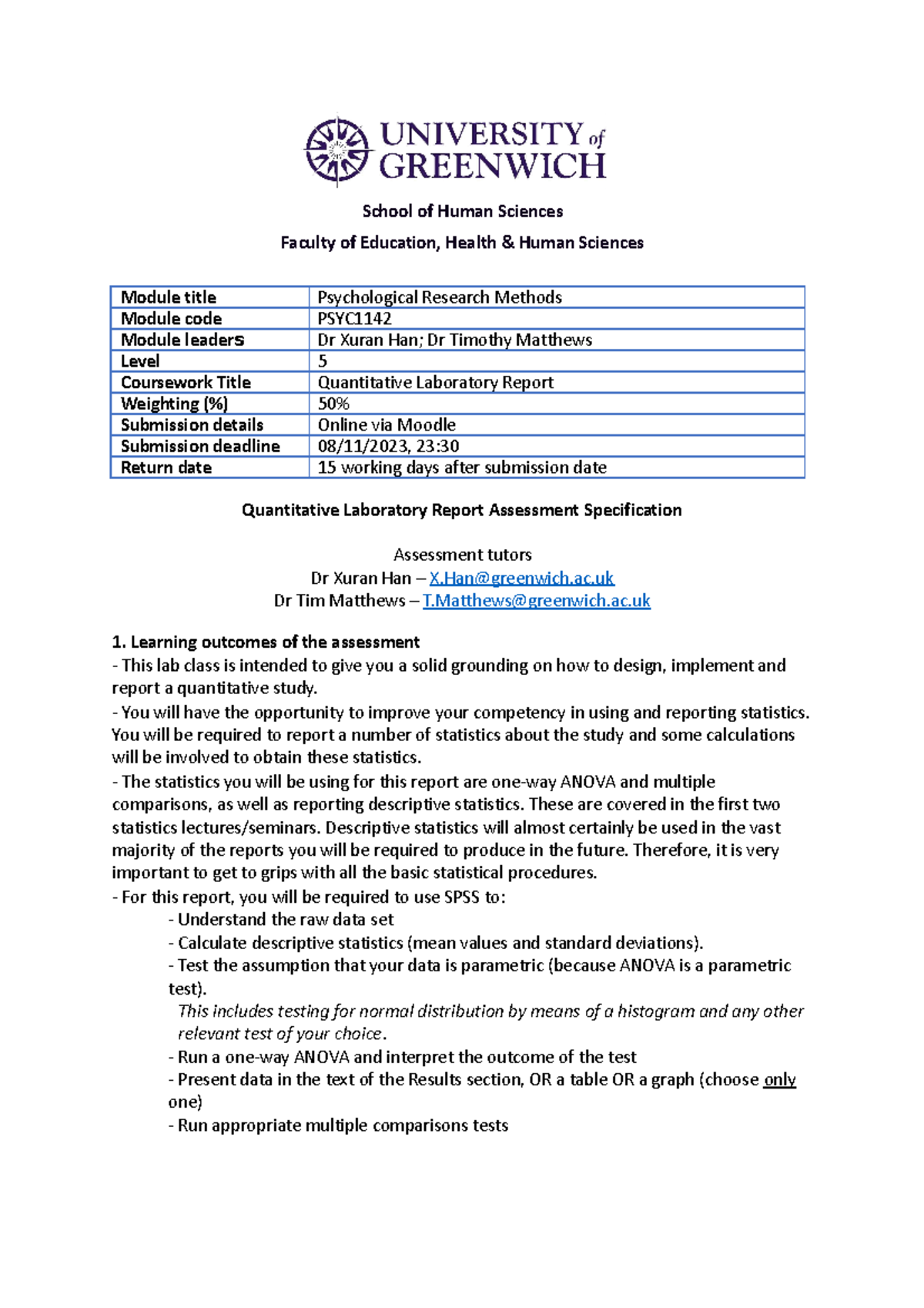 PSYC1142 Quantitative Lab Report assessment specification 23-24-2 ...
