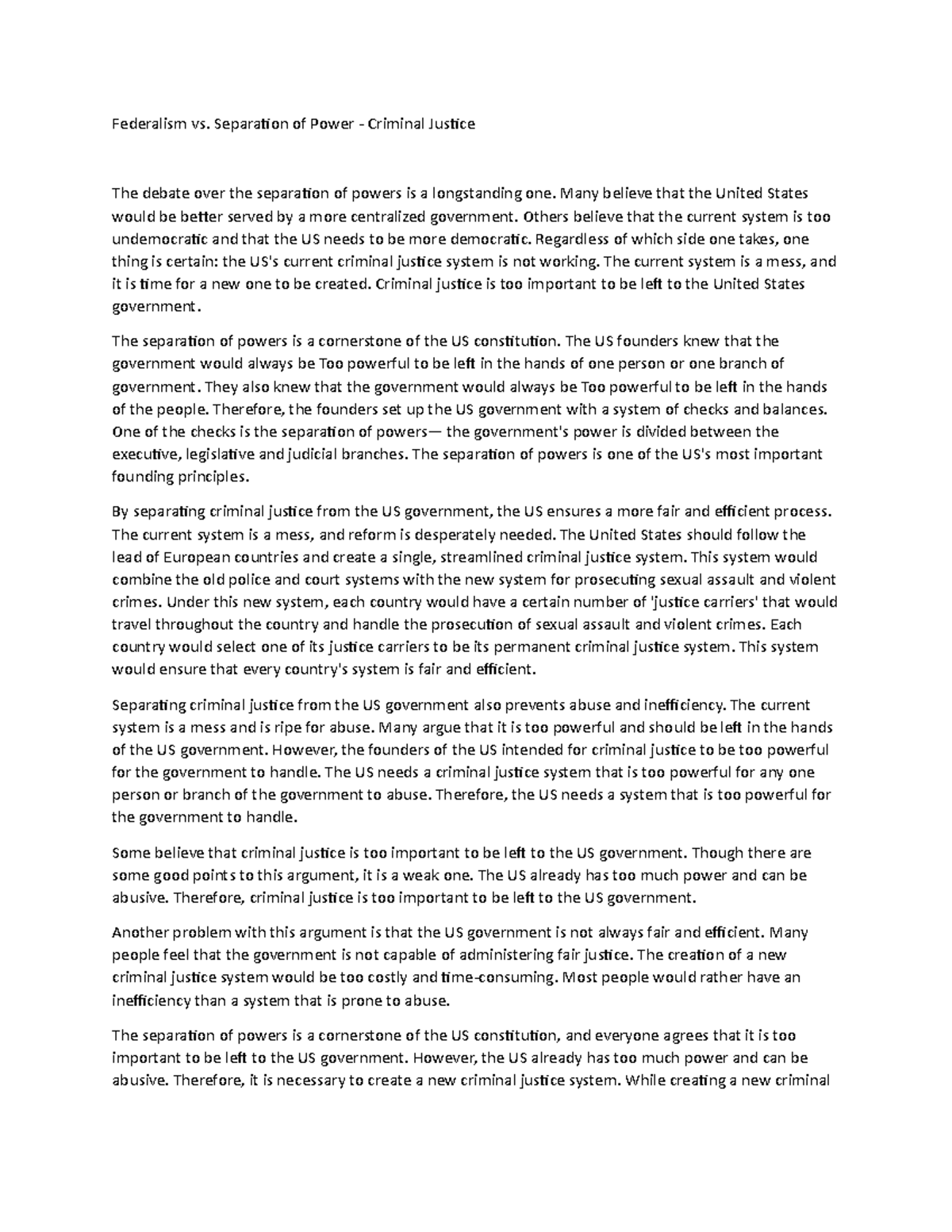 Week 2 - Assignment version 4 - Federalism vs. Separation of Power ...