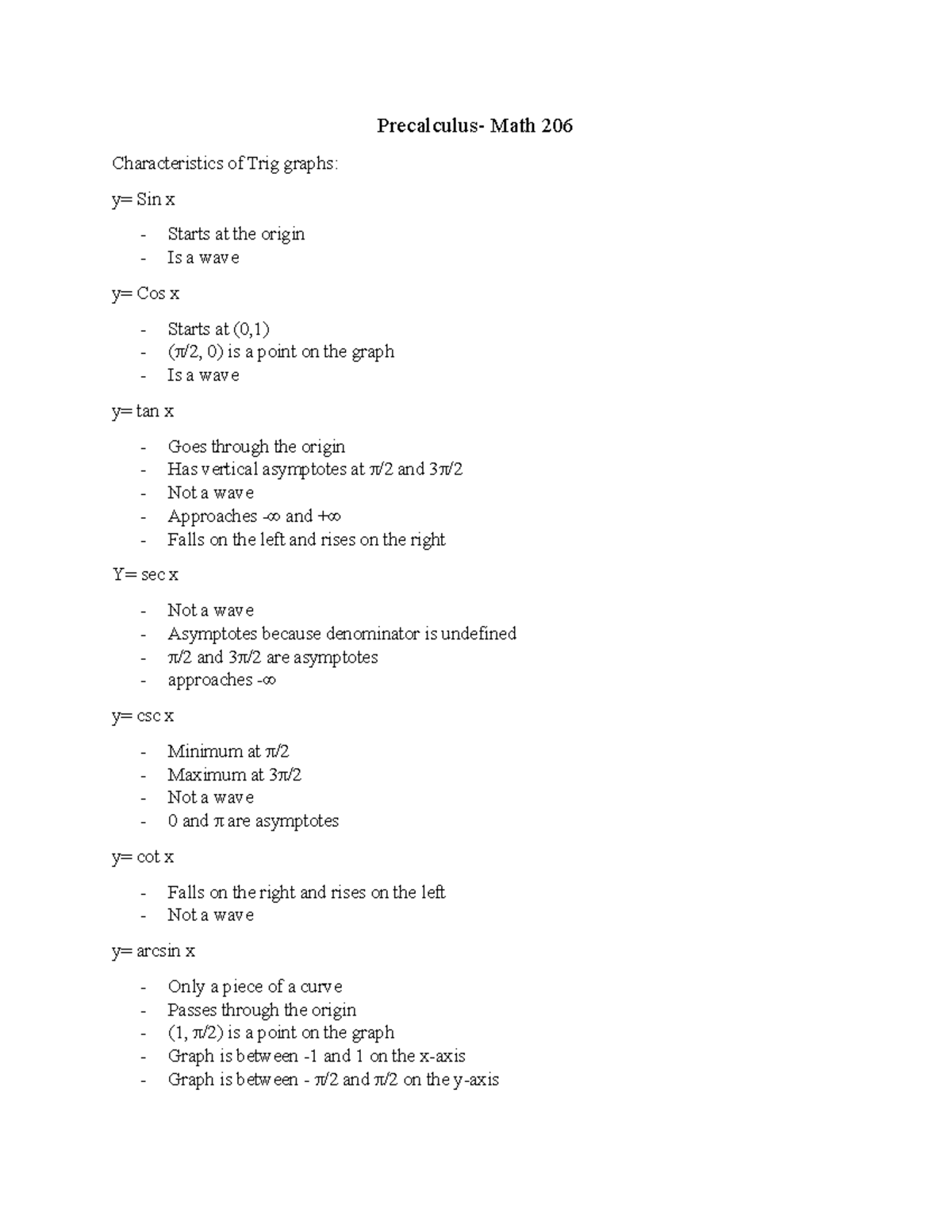 Precalculus- Characteristics of trig graphs - Precalculus- Math 206 ...