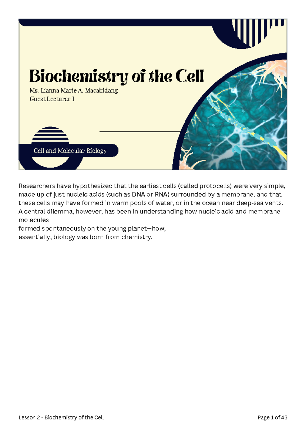 Lecture Notes - Lesson 2 - Biochemistry of the Cell Cell and Molecular ...