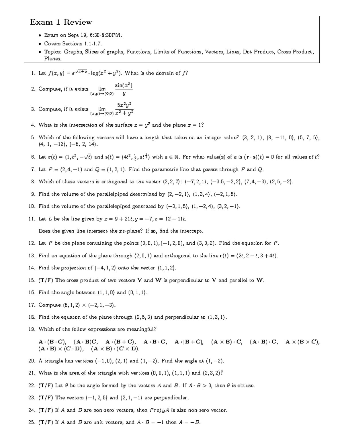 Exam1 Review FL2023 - Exam 1 Review Exam on Sept 19, 6:30-8:30PM ...