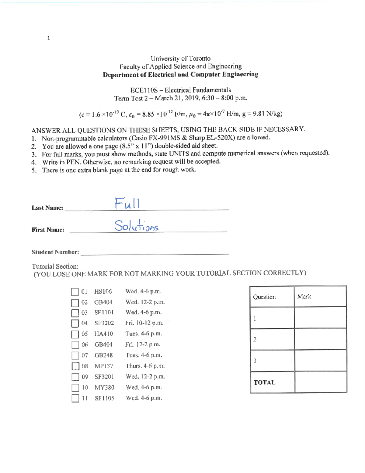 Test 2 21 March 2019, questions and answers - University of Toronto ...