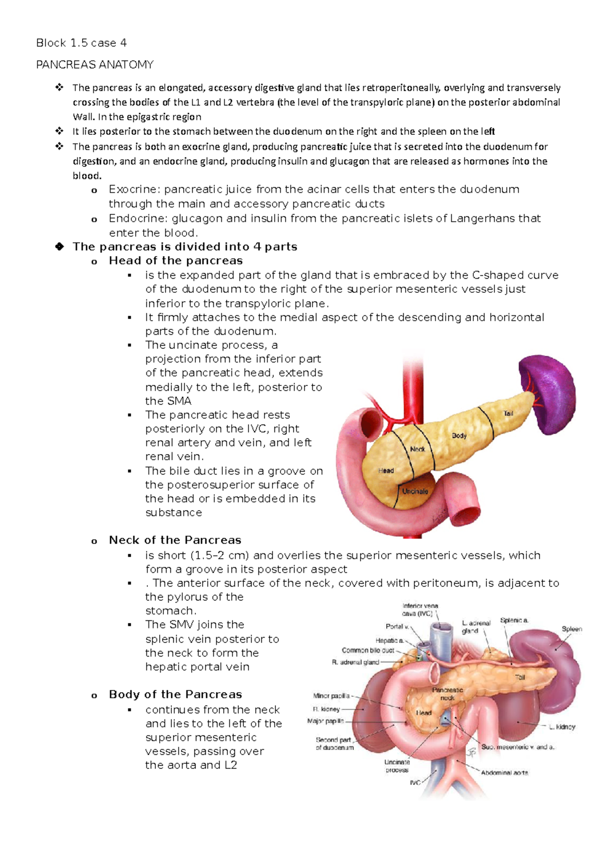 Block 1.5 case 4 - pbl cases - Block 1 case 4 PANCREAS ANATOMY The ...