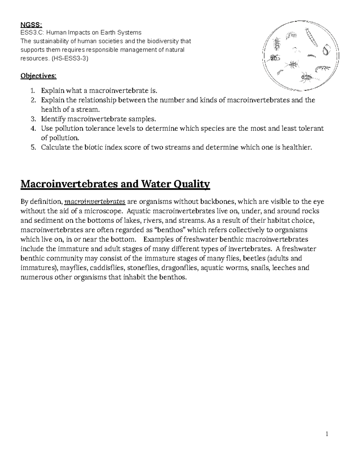 Macroinvertebrates with sample photos - NGSS: ESS3: Human Impacts on ...