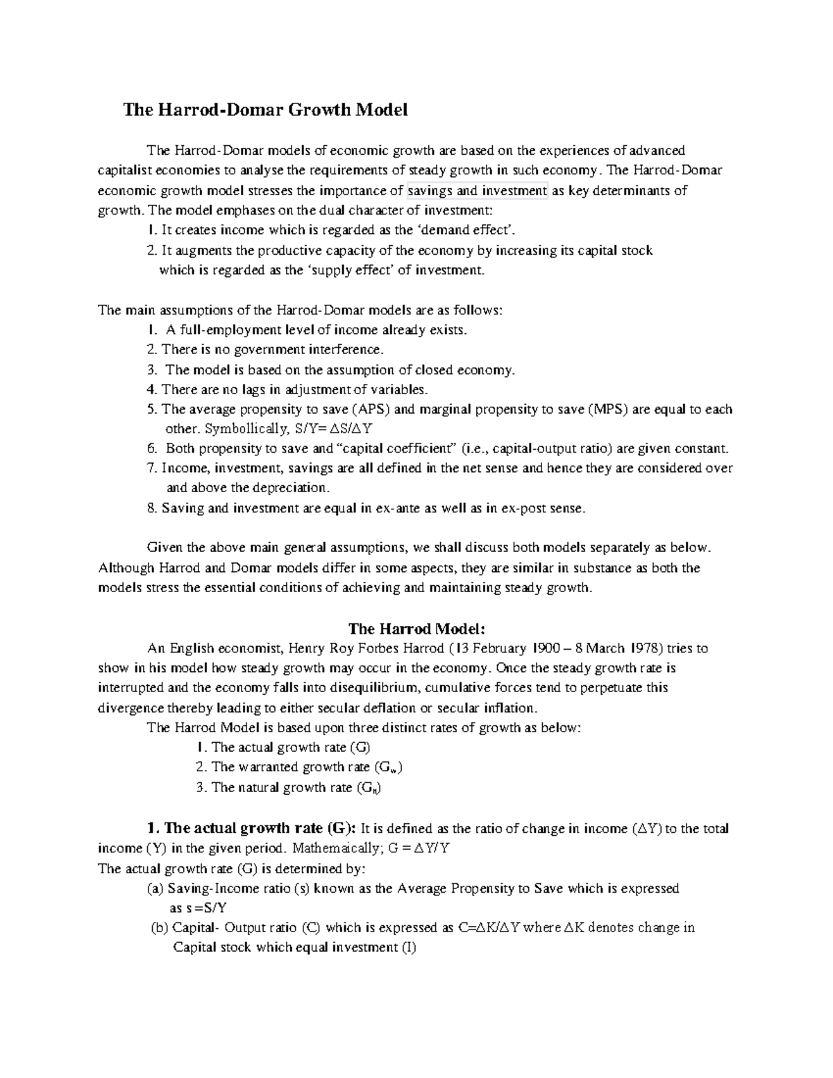 Harrod Domar Model - The Harrod-Domar Growth Model The Harrod-Domar ...