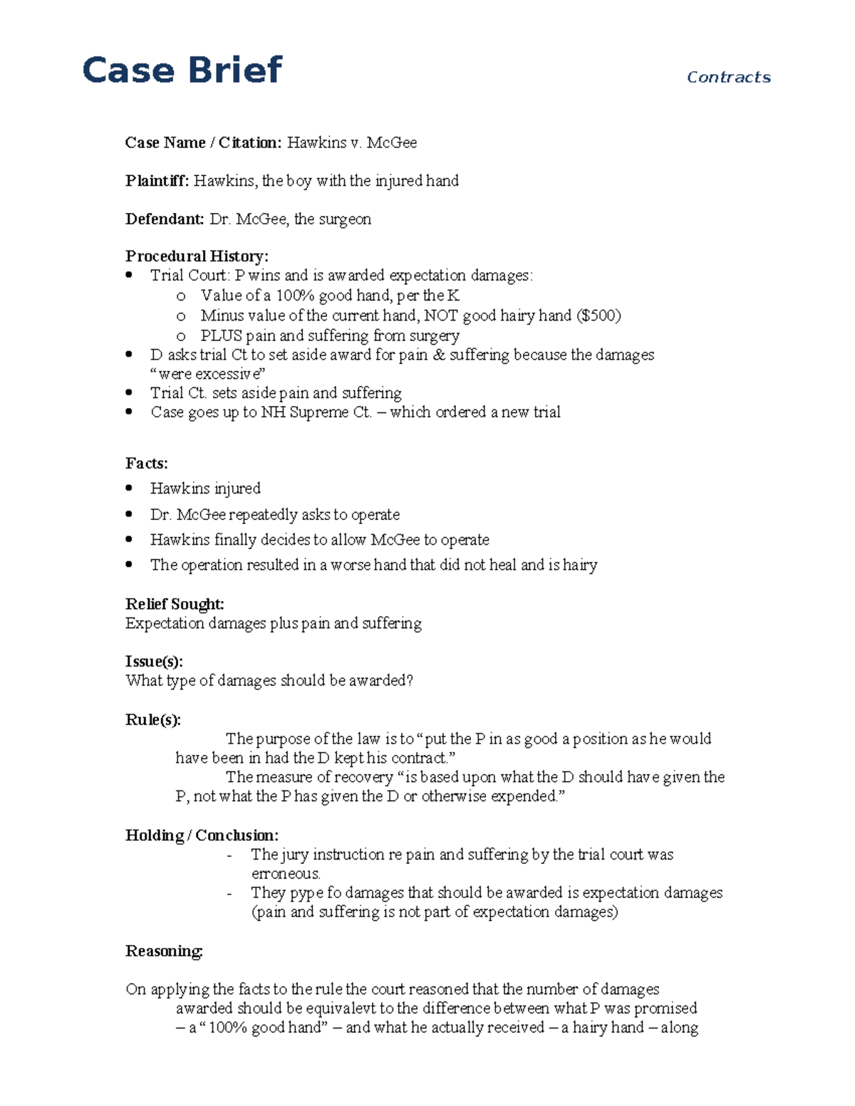 Case Brief Hawkins - Case Brief Contracts Case Name / Citation: Hawkins ...