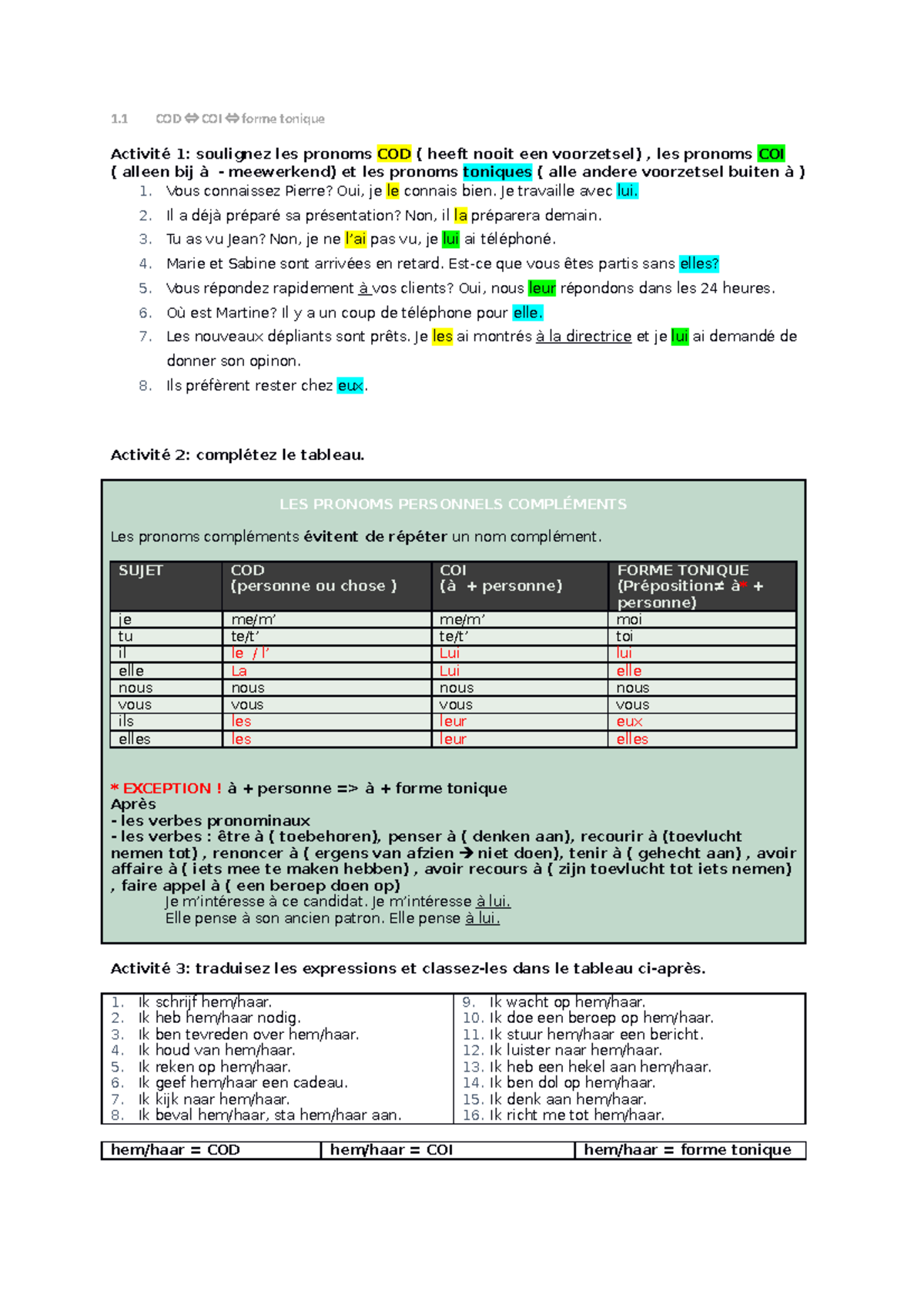 1BNL Comm prof 1b Unité 1 - 1 COD COI forme tonique Activité 1 ...