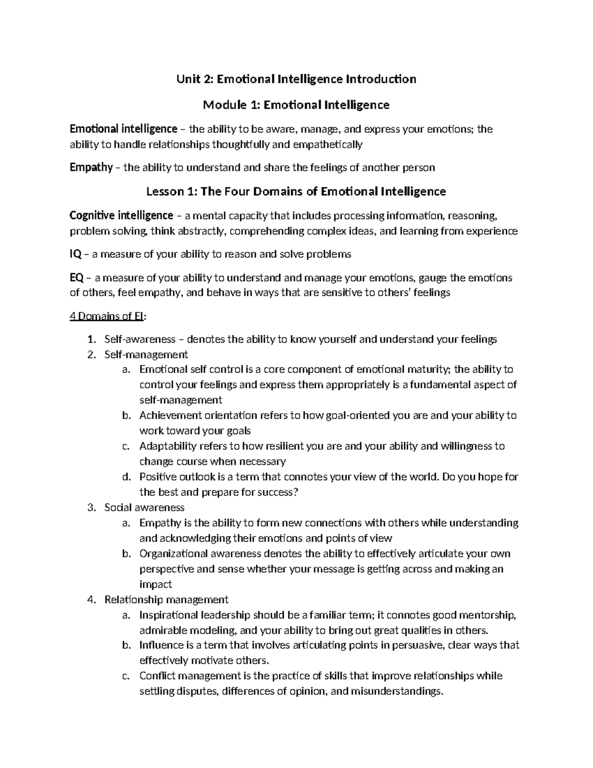 Unit 2 Notes - Unit 2: Emotional Intelligence Introduction Module 1 ...