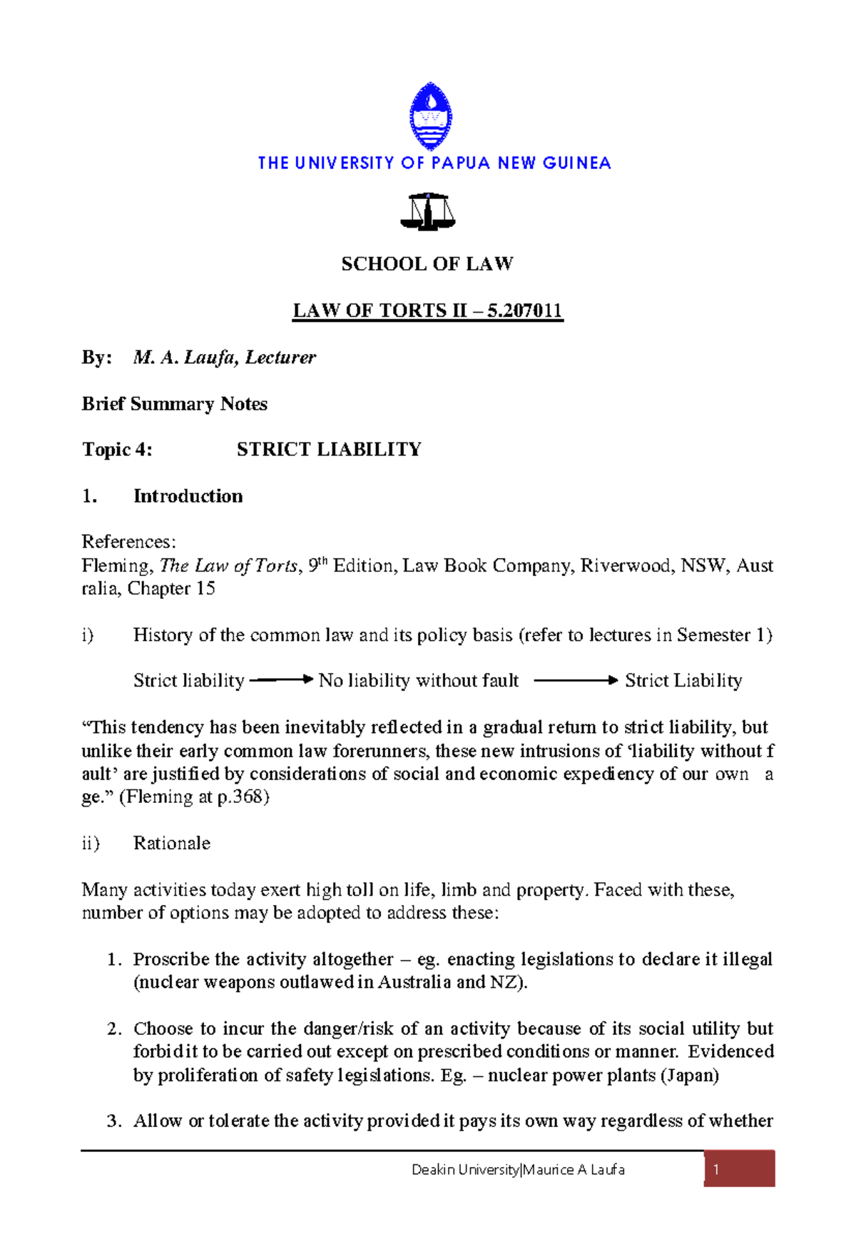 Lecture Summary Notes Strict Liability Torts 2 111 240915 095322 - THE ...