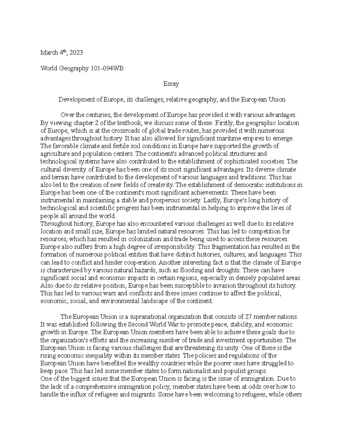 Europe Essay - March 4th, 2023 World Geography 101-094WB Essay ...