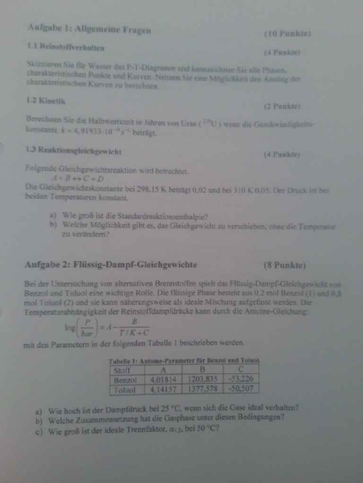 Klausur 2013, Aufgaben und Lösungen - Physikalische Chemie - Studocu