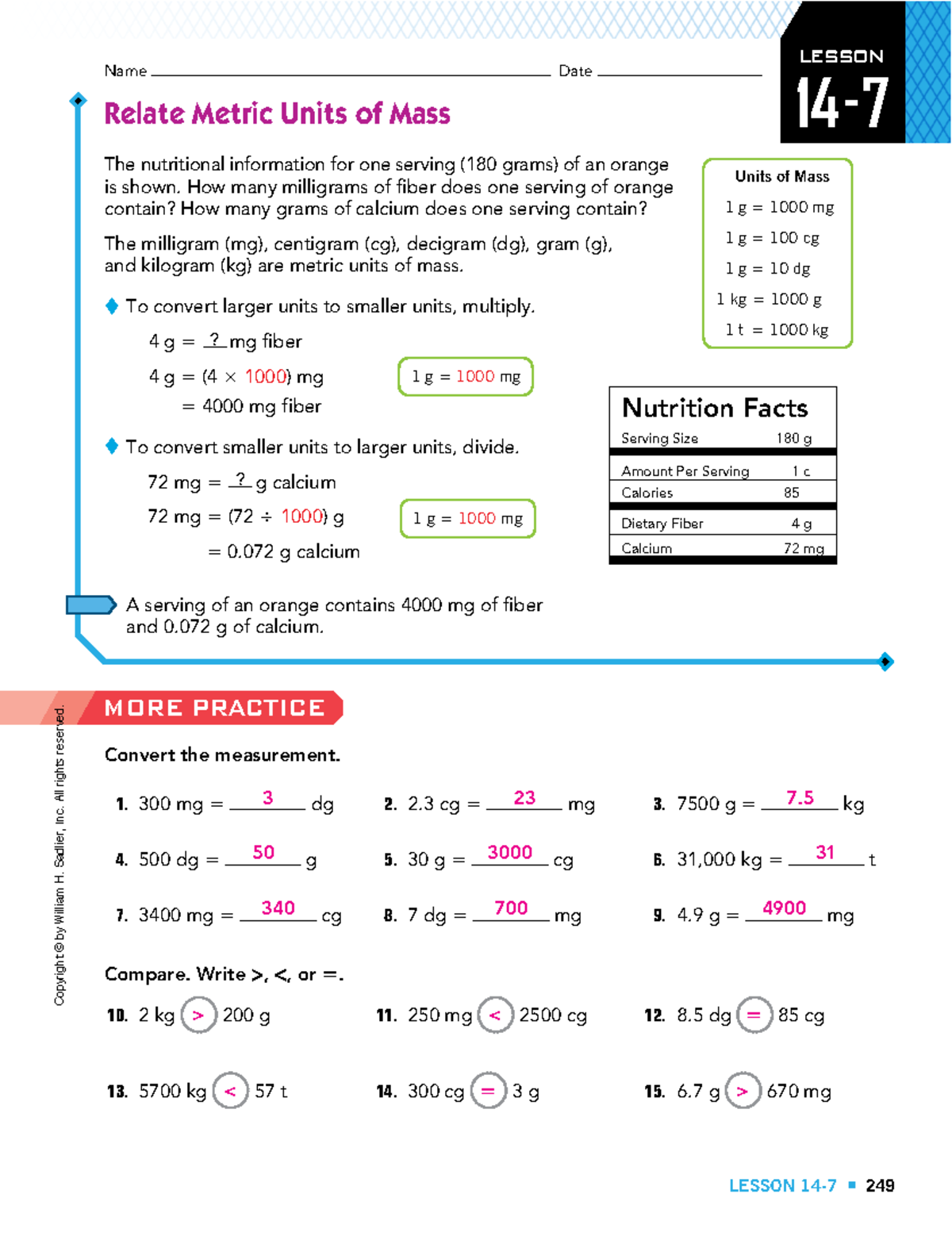 Ch 14 L 7 (Relate Metric Units of Mass) Workbook - Convert the ...