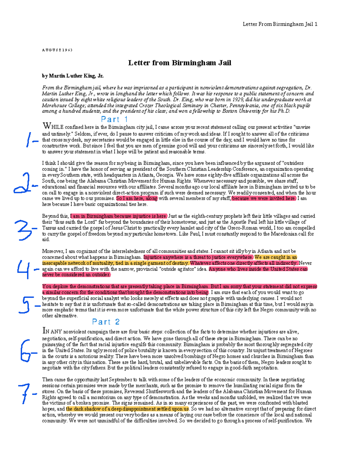 MLK letter w para #s & work cited copy - A U G U S T 1 9 6 3 Letter ...