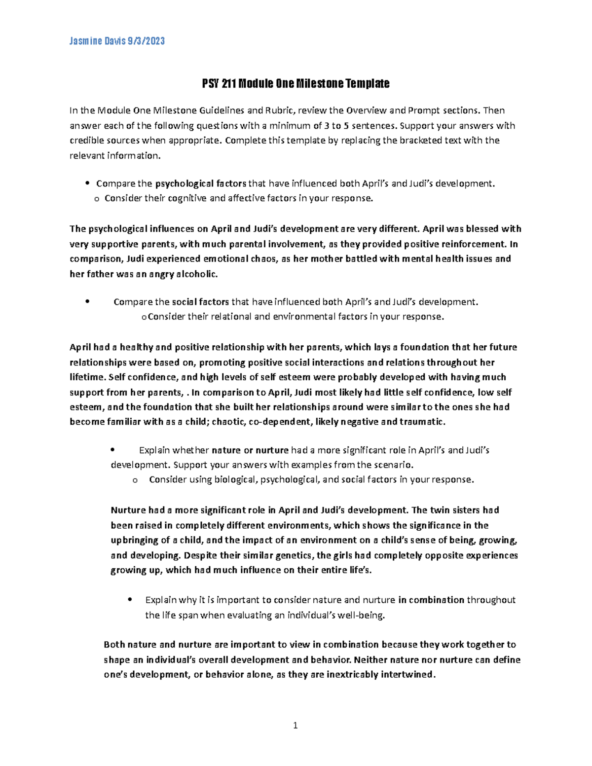 PSY 211 Module One Milestone DONE - Jasmine Davis 9/3/ PSY 211 Module ...