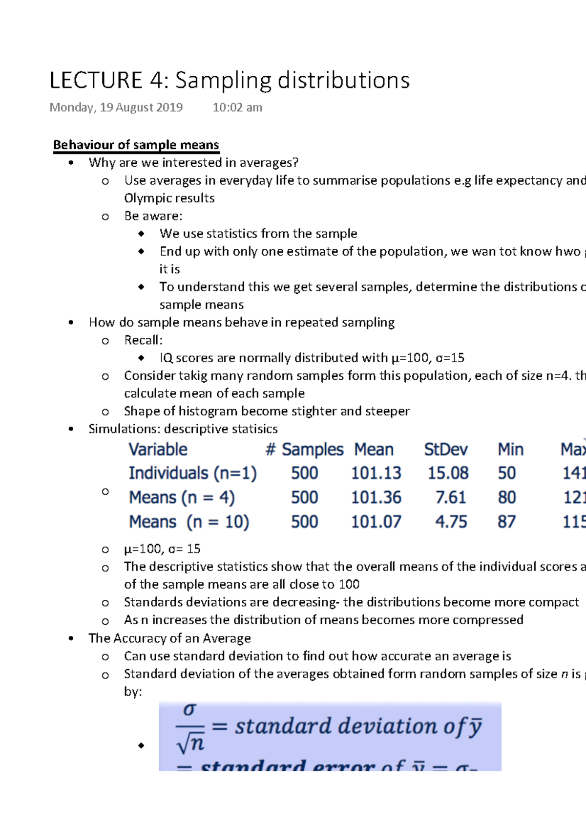 Lecture 4 Sampling Distributions Warning Tt Undefined Function 32 Behaviour Of Sample Means