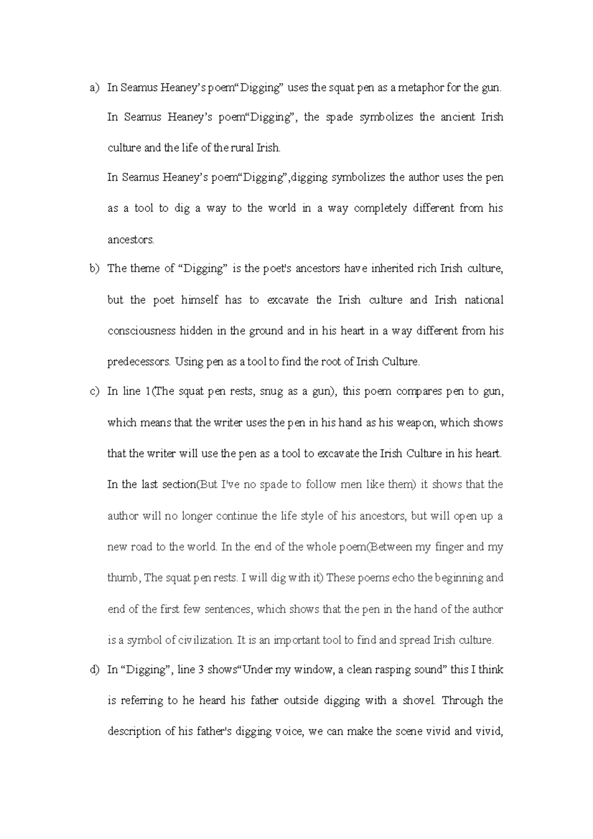 Poetry - a) In Seamus Heaney’s poem“Digging” uses the squat pen as a ...