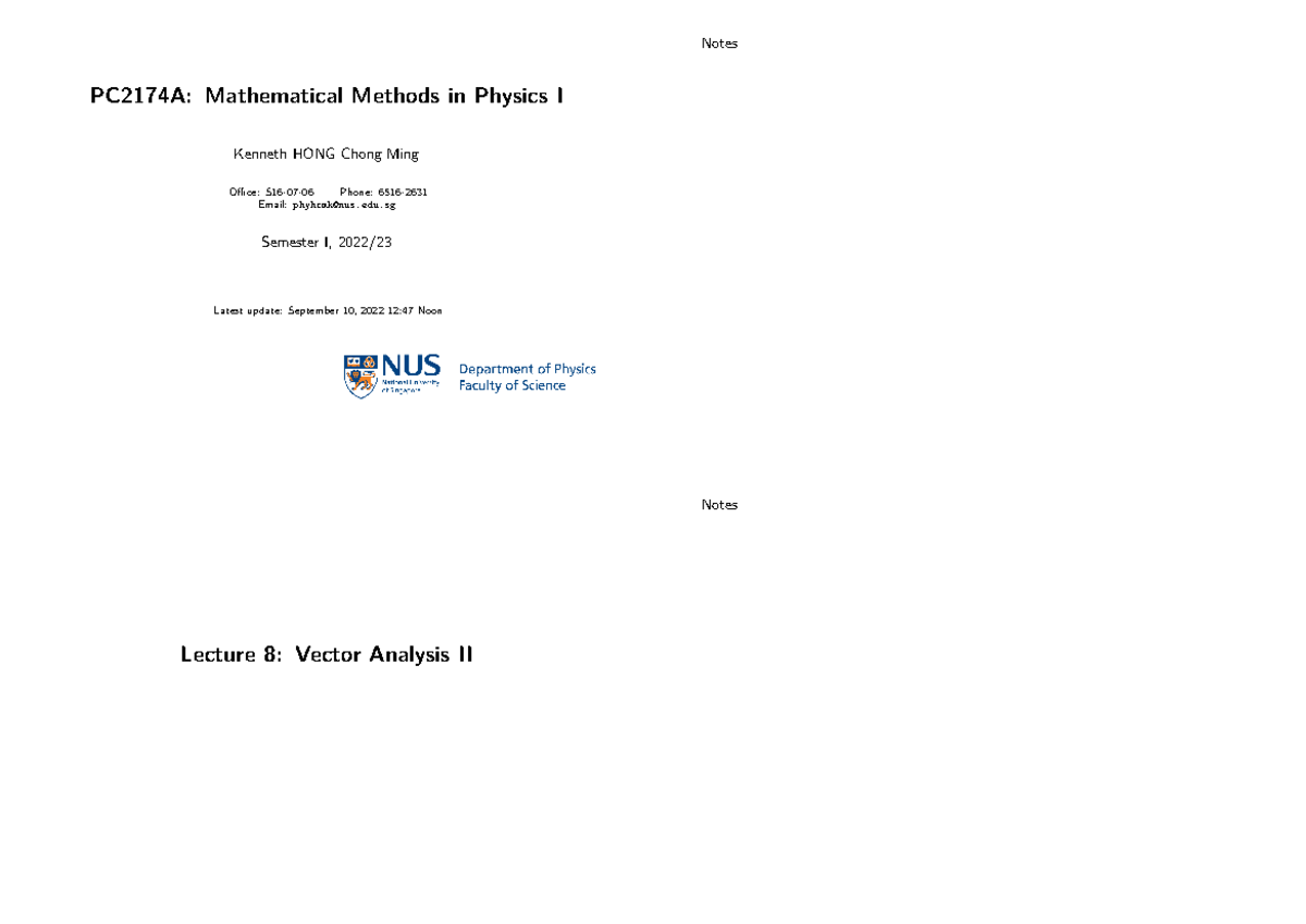 PC2174A 2022 Handout 08 Vector Analysis II Print - PC2174A: Mathematical Methods in Physics I ...