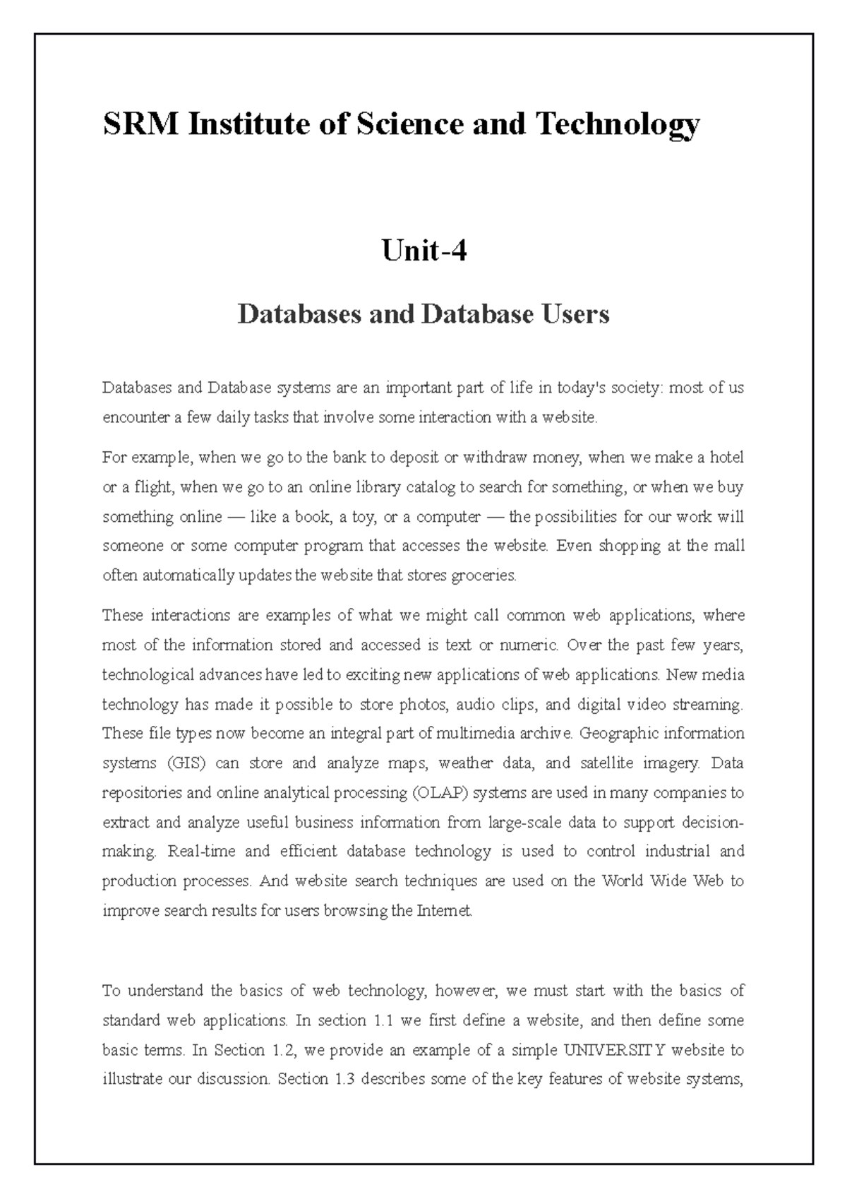 Databases And Database Users Srm Institute Of Science And Technology Unit Databases And 