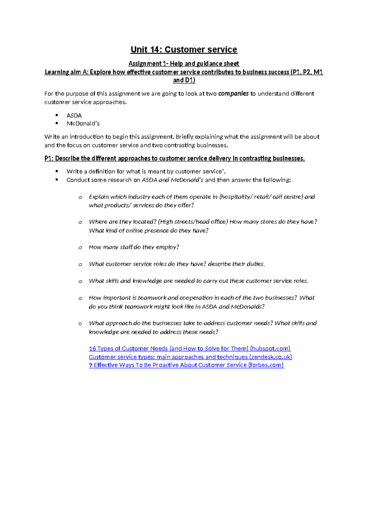 Learning aim A checklist - Unit 14: Customer service Assignment 1- Help and guidance sheet ...