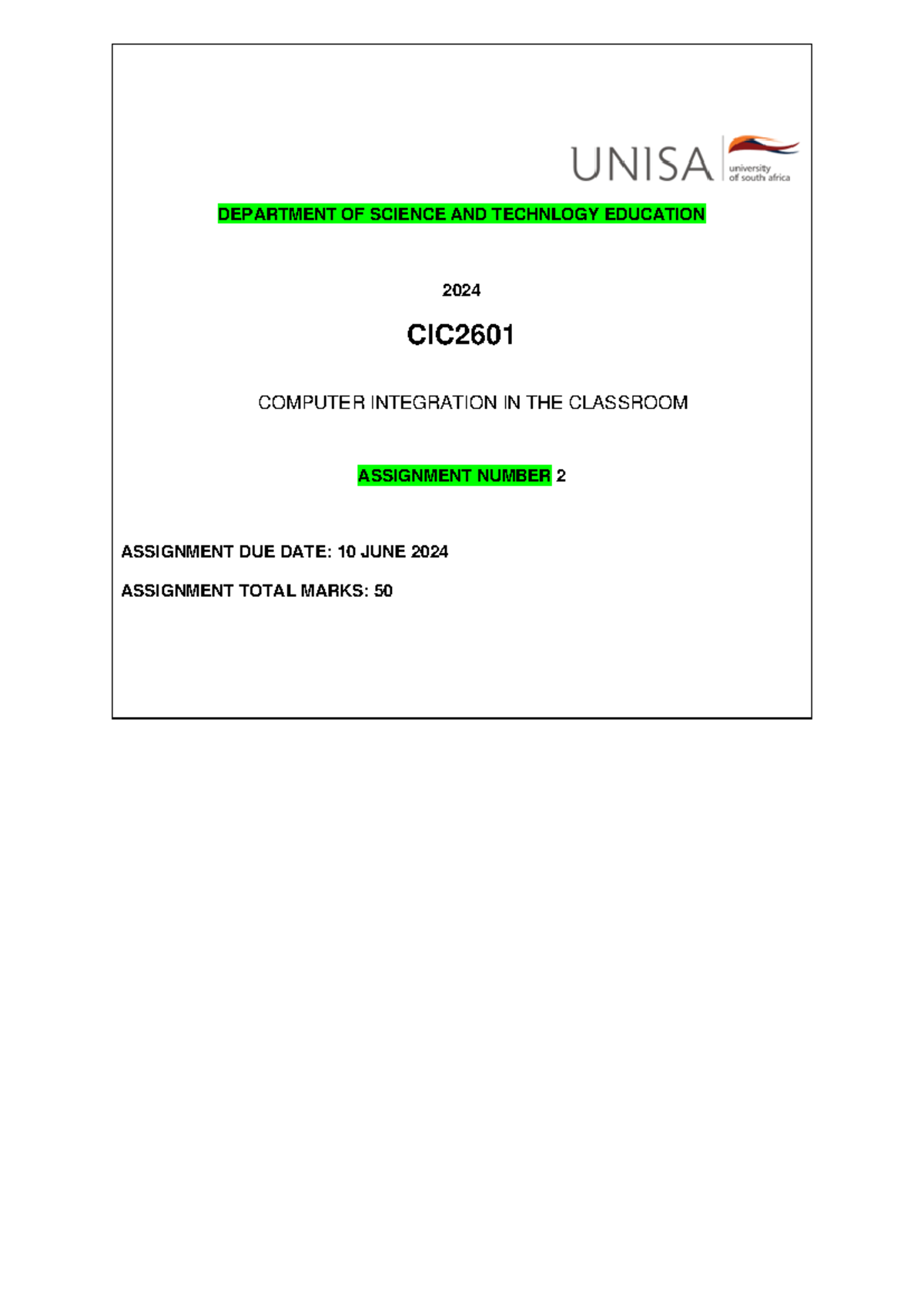 CIC2601 Assignment 2 - DEPARTMENT OF SCIENCE AND TECHNLOGY EDUCATION 2024 CIC COMPUTER ...