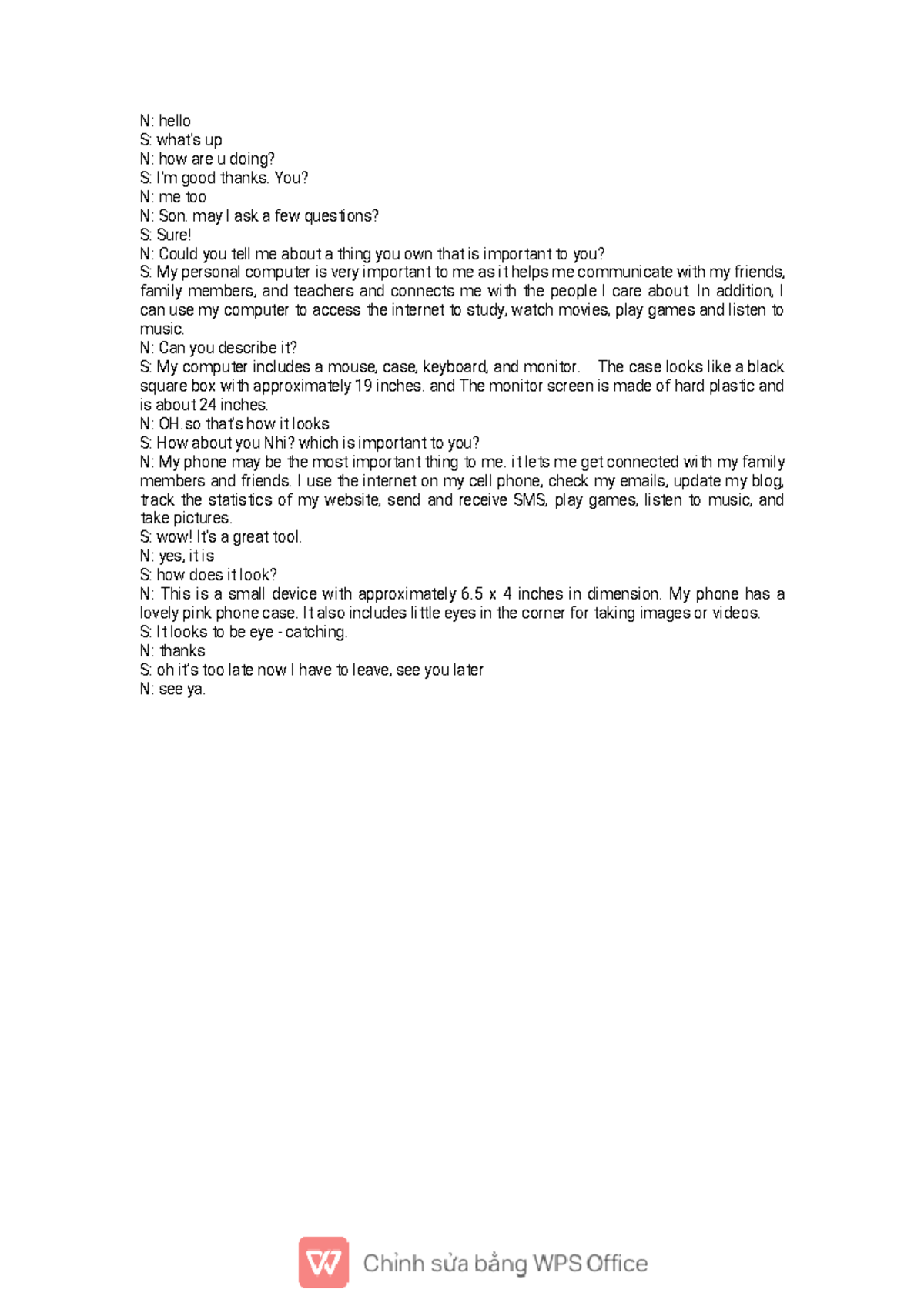 English-topic-things - N: hello S: what's up N: how are u doing? S: I'm ...