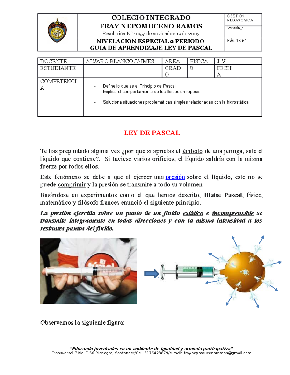 Fisica 8 Guia De Aprendizaje Ley De Pascal Colegio Integrado Fray