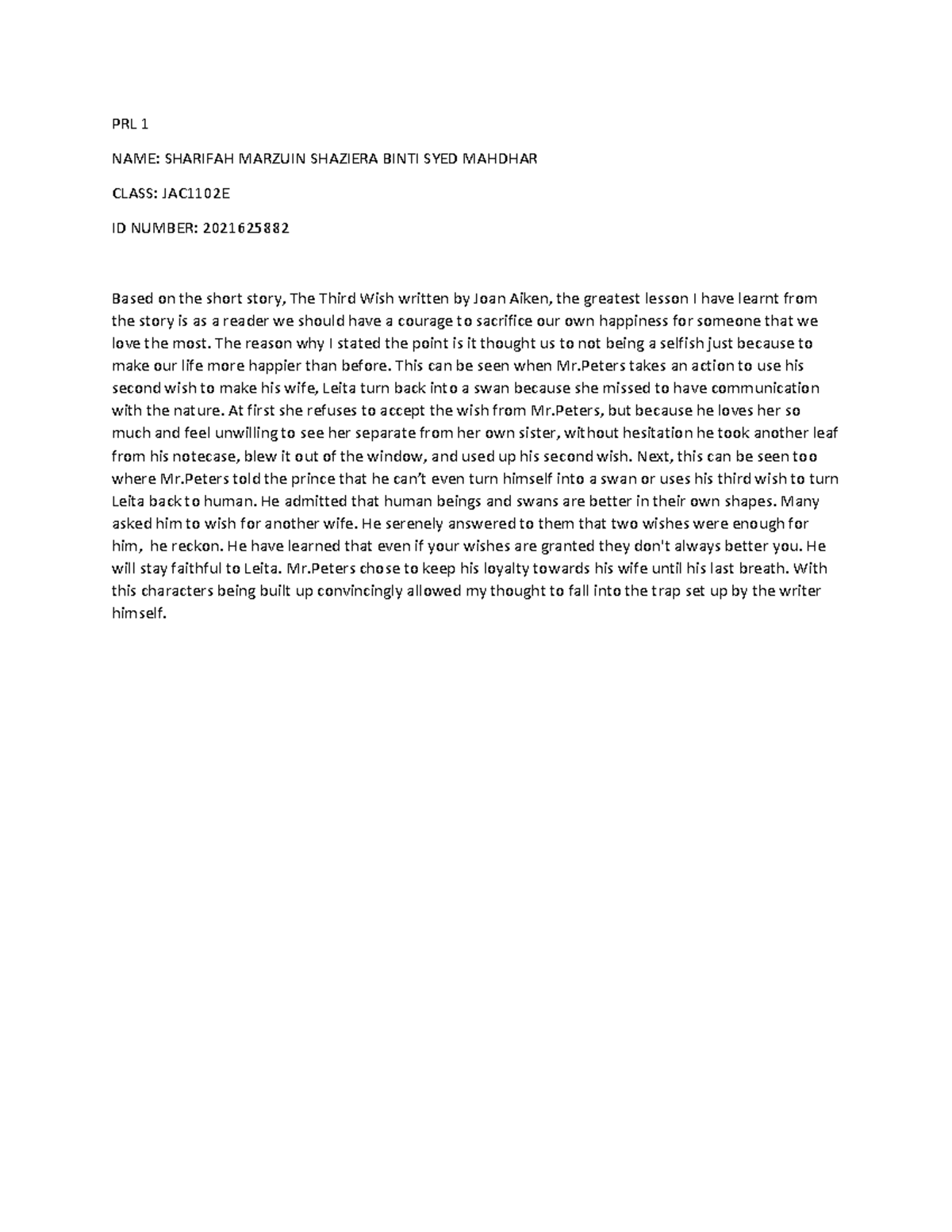 PRL 1 - SHORT STORY: THE THIRD WISH BY JOAN AIKEN - PRL 1 NAME ...